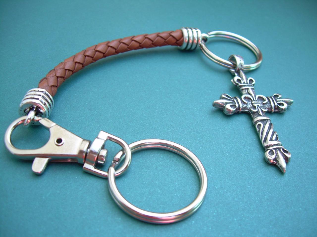 Braided Leather Cross Keychain, Cross Keychain, Keychain, Leather ...